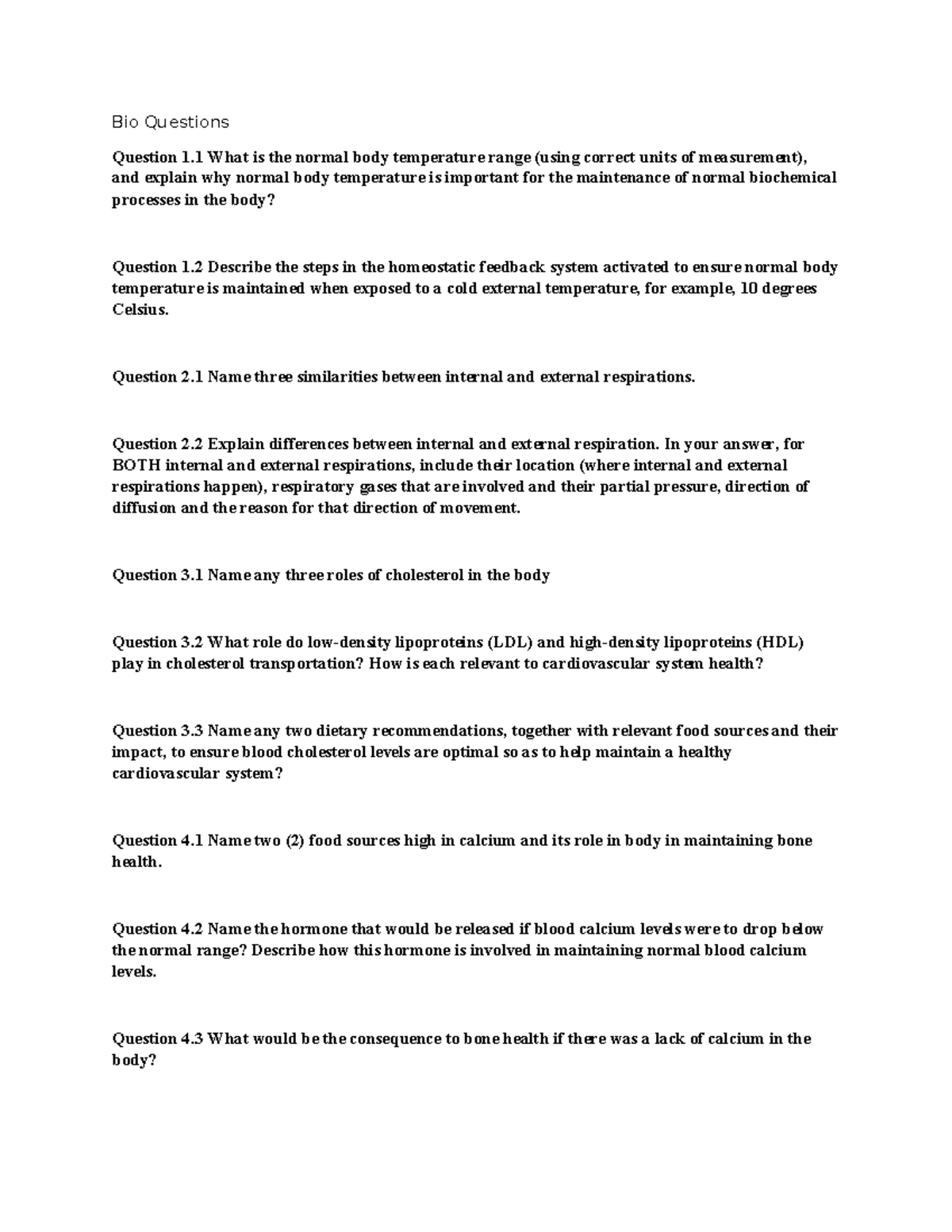 Bio Questions: Body Temp, Respiration & Cholesterol Roles - Studocu