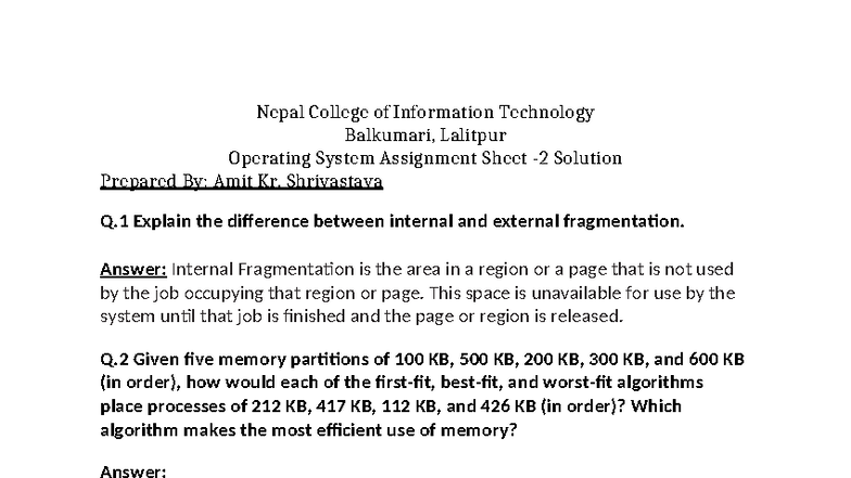 Operating System Assignment Sheet Solution - NCIT 2023 - Studocu