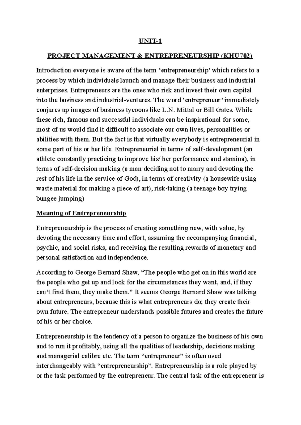 KHU702 - Unit 1: Project Management & Entrepreneurship Notes - Studocu