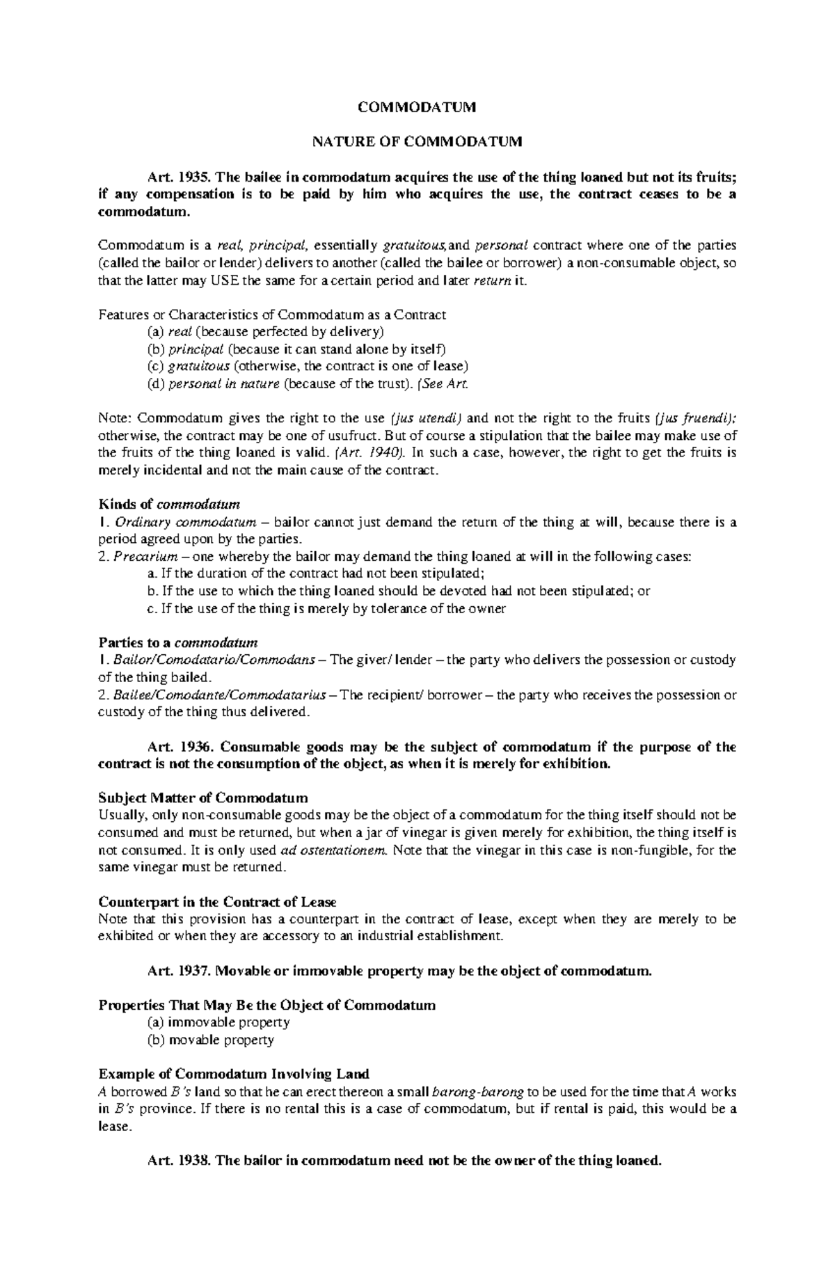 Commodatum: Nature, Characteristics, and Legal Provisions (Art. 1935 ...