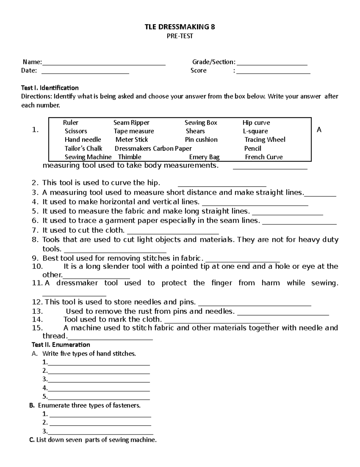 TLE Dressmaking 8 - Pre-Test and Essential Tool Identification - Studocu