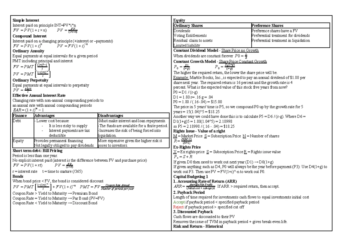 Finance Cheat Sheet - final exam resource - Time value of money Simple Interest Interest Bill ...