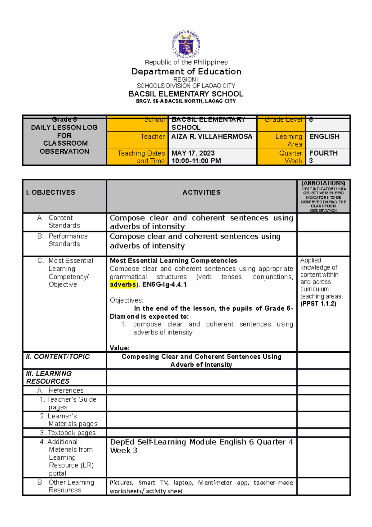 COT-Q4W3-Eng6 - Clear and Coherent Sentences with Adverbs of Intensity ...