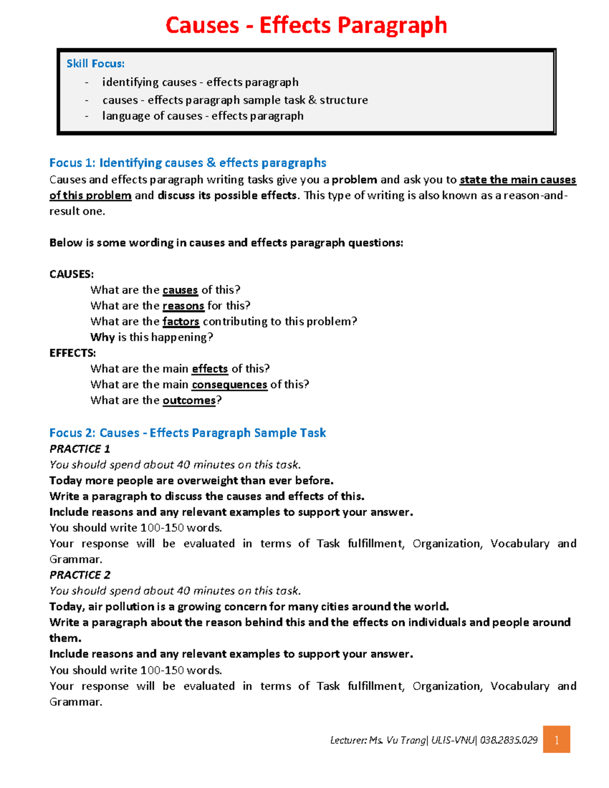 B1 LMS Causes and Effects Paragraph Writing Guide - Studocu