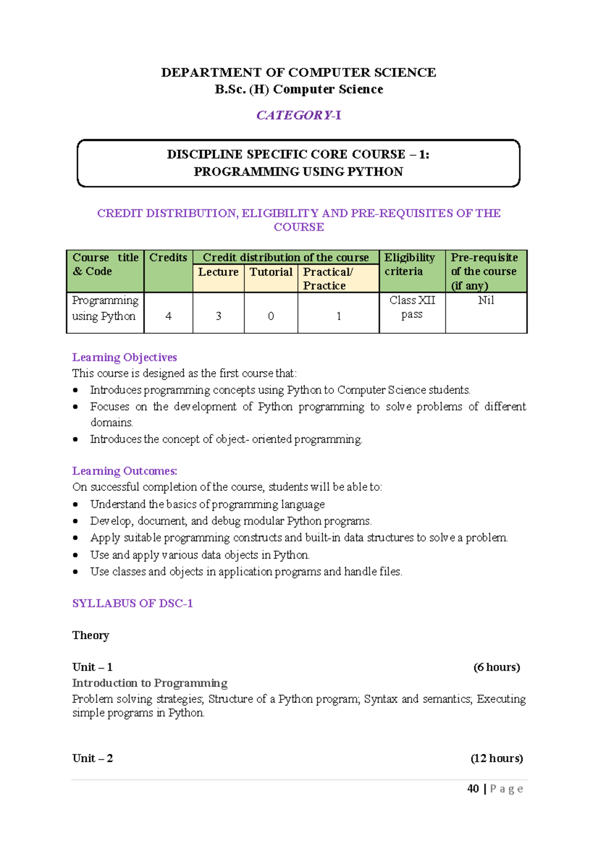 B.Sc. (H) Computer Science: Programming Using Python Course Overview ...