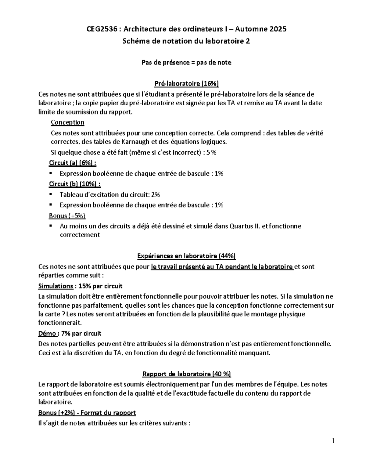 CEG2536 : Barème de Notation pour le Lab 2 - Automne 2025 - Studocu