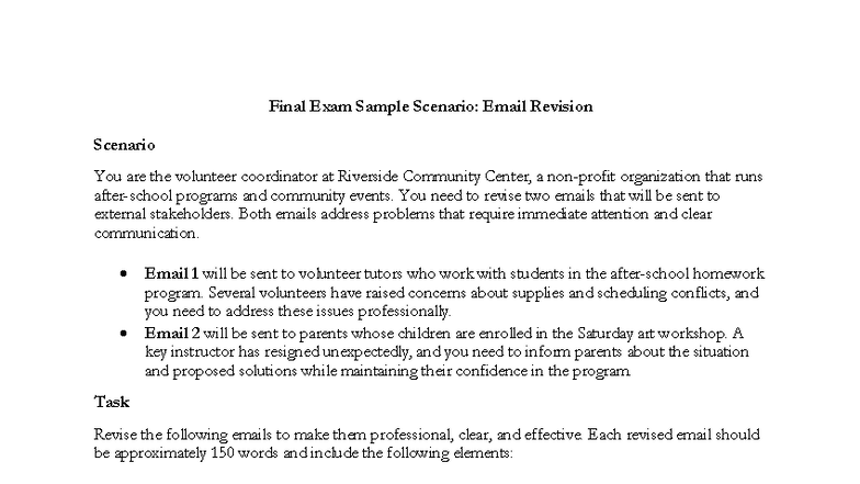 Final Exam Writing Sample Scenarios: Email Revisions and Memo - Studocu