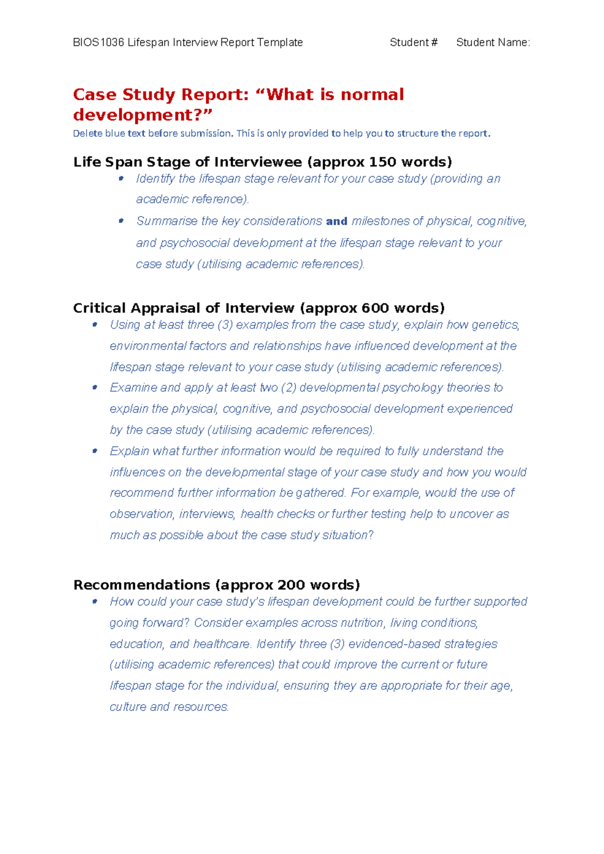 BIOS1036 Case Study: Lifespan Interview Report Template Guide - Studocu