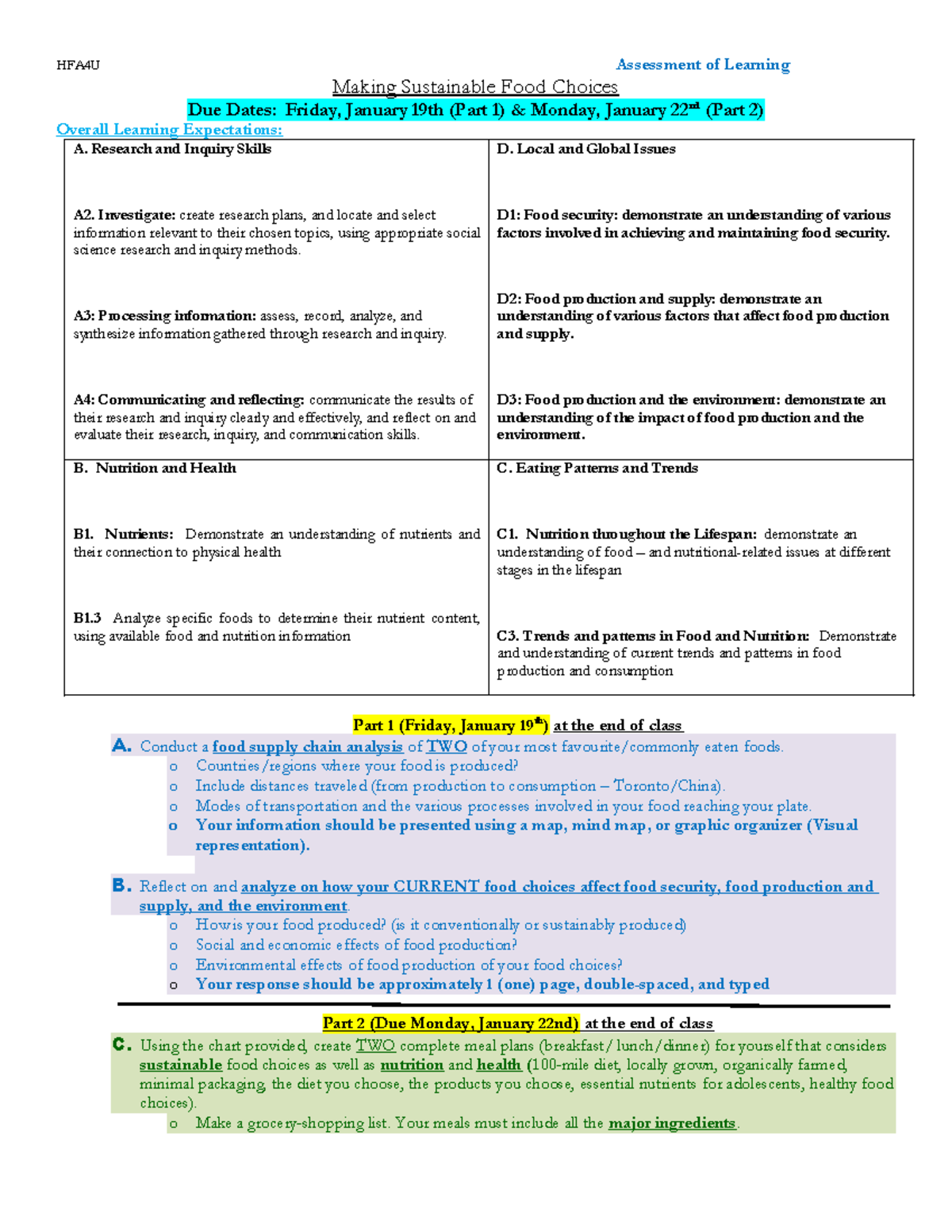 HFA4U Winter 2023 Sustainable Food Choices Performance Task - Studocu