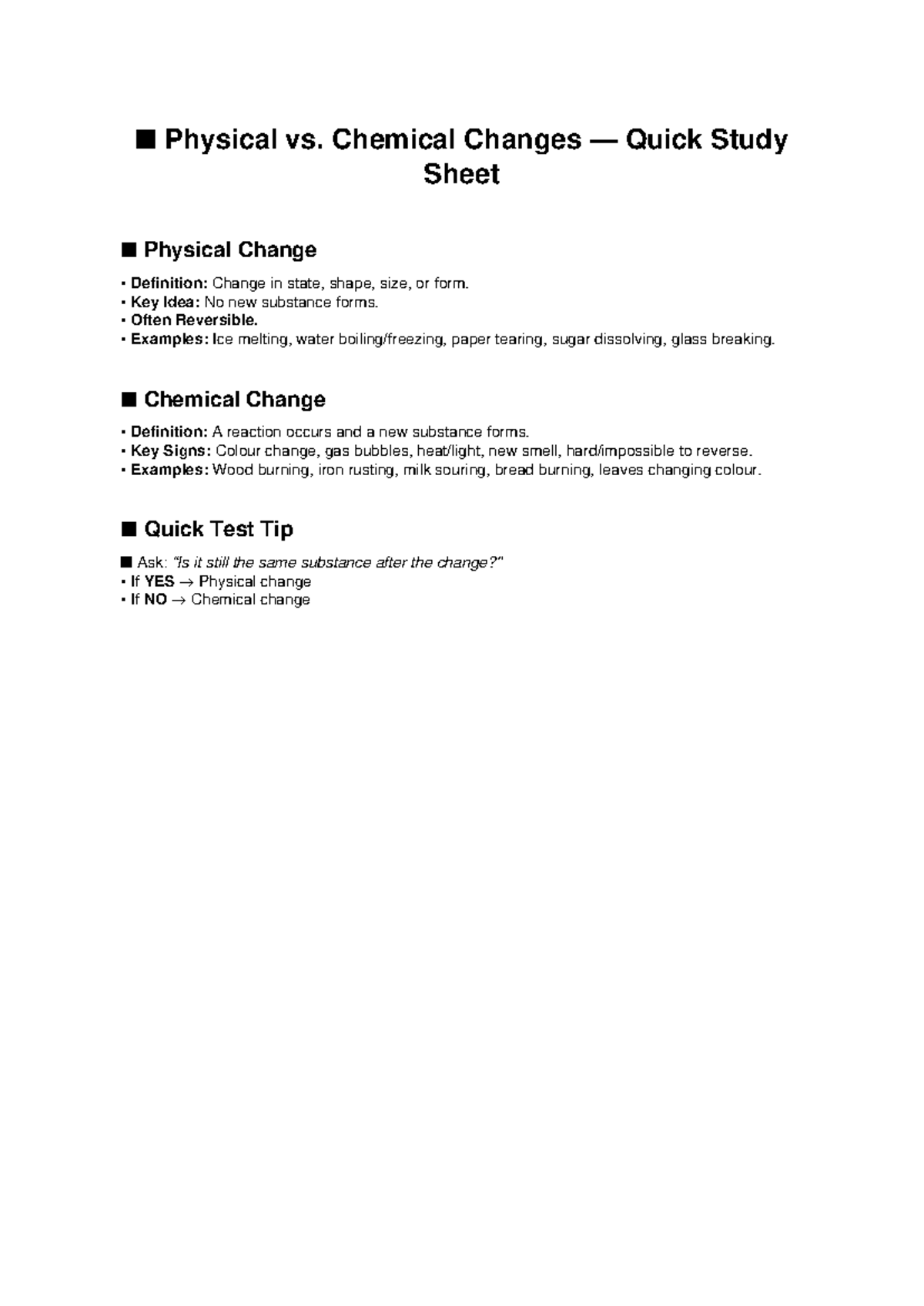 Physical vs Chemical Changes Study Sheet - n Physical vs. Chemical ...