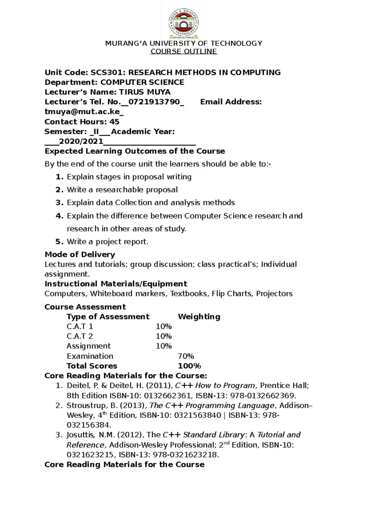 SCS301 Research Methods IN Computing Course Outline - MURANG’A ...