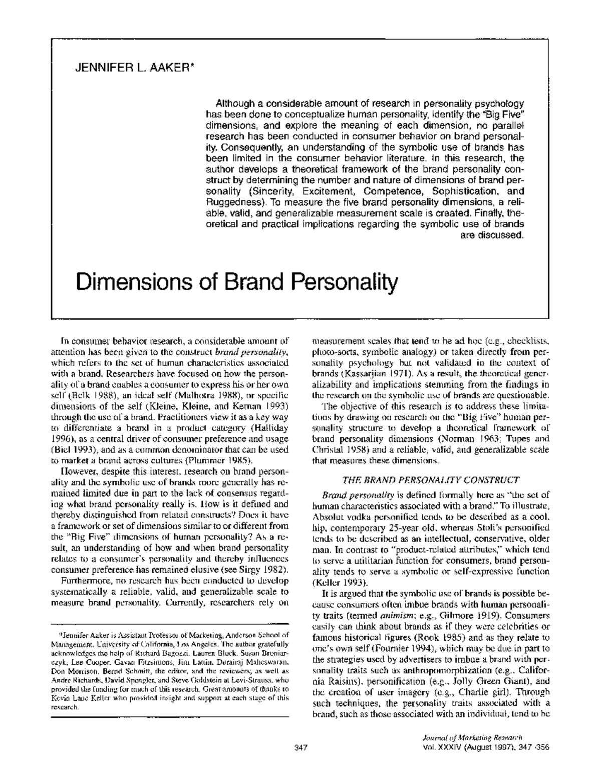Aaker 1997: Dimensions of Brand Personality Framework and Scale - Studocu