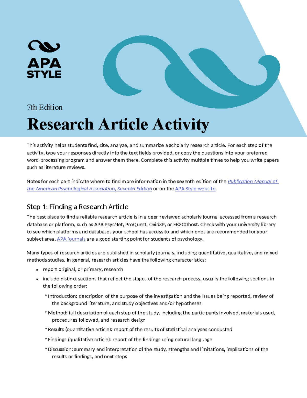 APA Style Research Activity: 7th Edition Guide for Students - Studocu