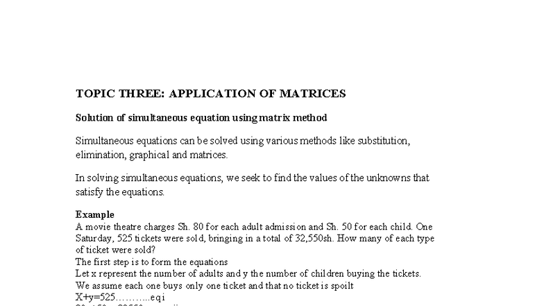 Matrix Applications in Solving Simultaneous Equations (MATH 101) - Studocu