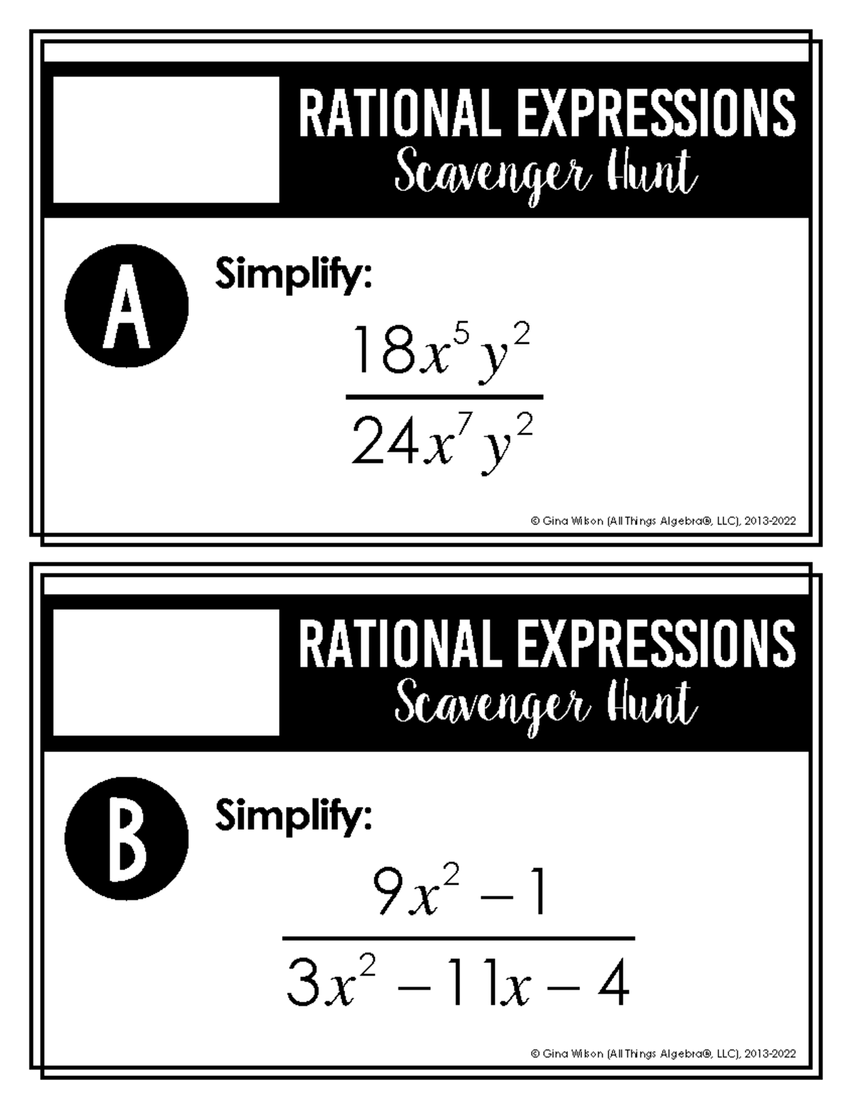RATIONAL EXPRESSIONS Scavenger Hunt Simplification Guide (2025-2026 ...