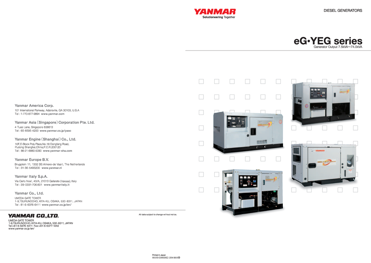 YEG Series: Yanmar Diesel Generators Catalog Overview - Studocu