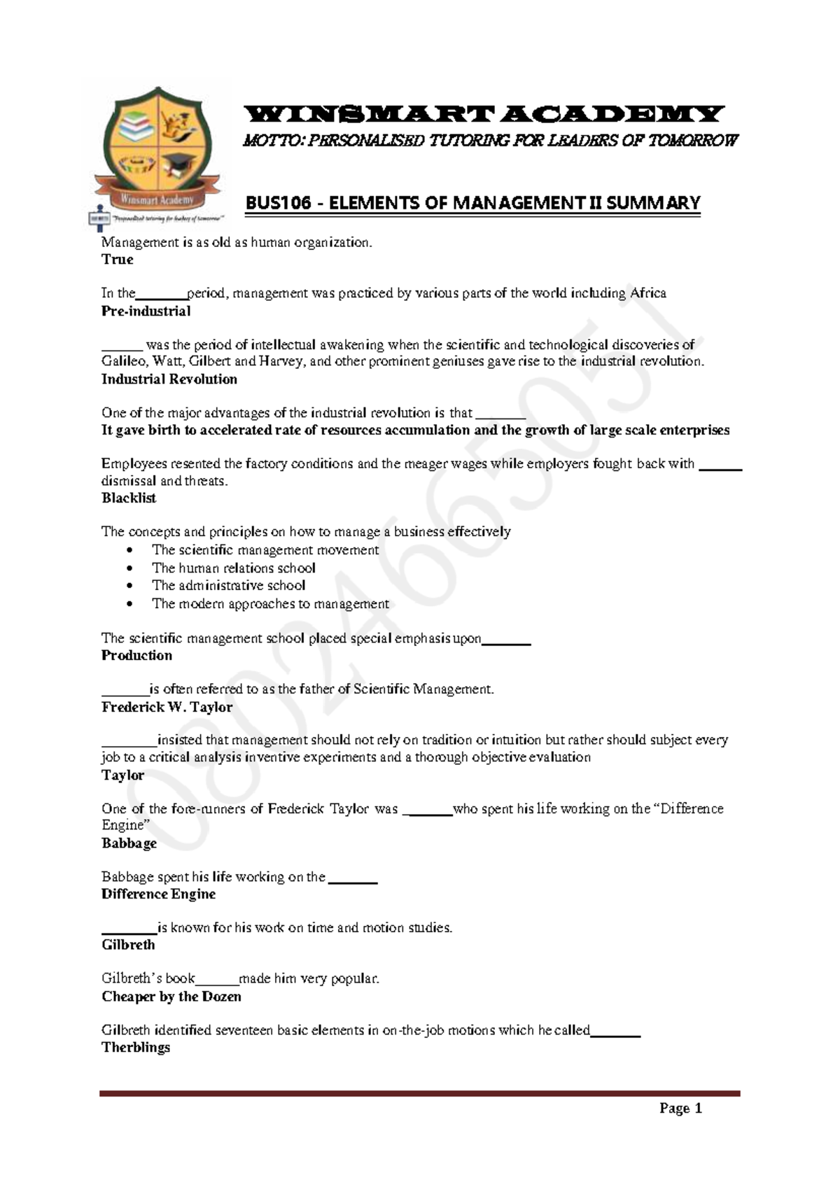 BUS106 Elements of Management II: Comprehensive Summary Notes - Studocu