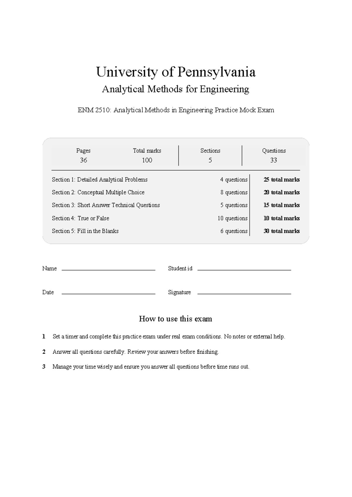 ENM 2510: Analytical Methods for Engineering Mock Exam 2026 - Studocu