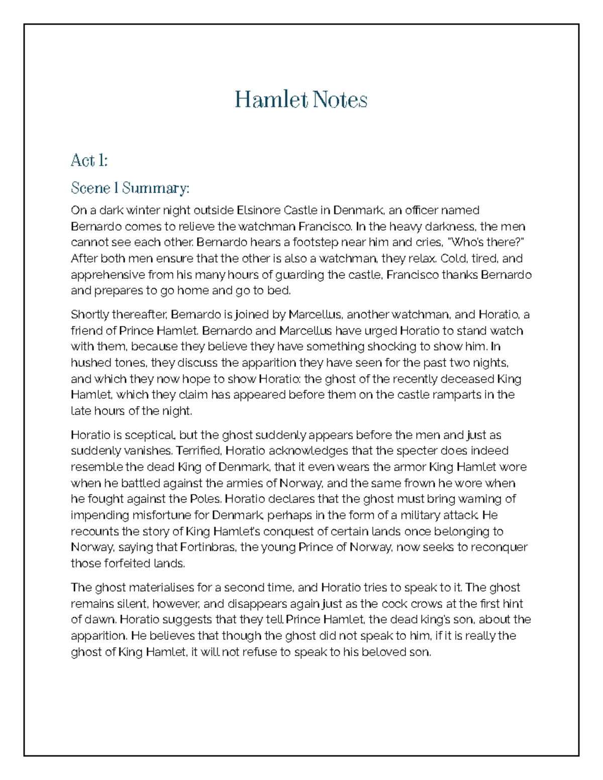 Hamlet Notes (SP Version): Act 1 Summary and Analysis - Studocu