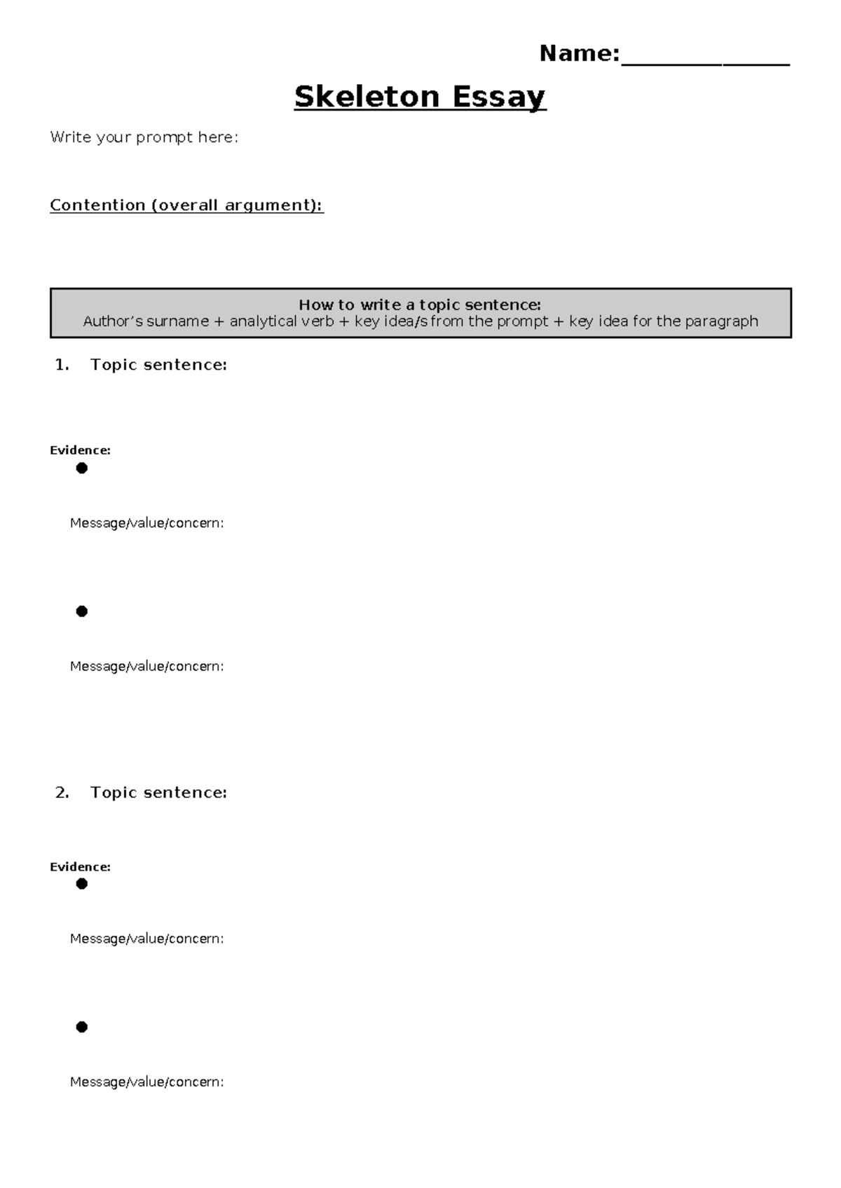 Skeleton Essay Guide: Crafting Topic Sentences and Evidence - Studocu