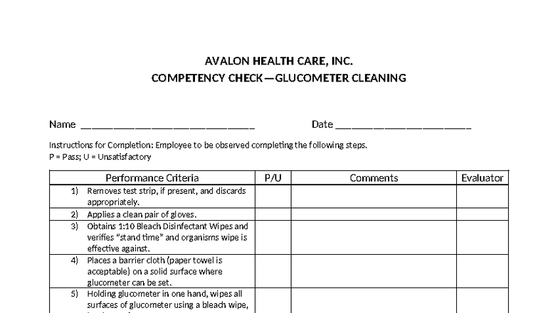 Avalon Health Care, Inc. Glucometer Cleaning Procedure Guide - Studocu