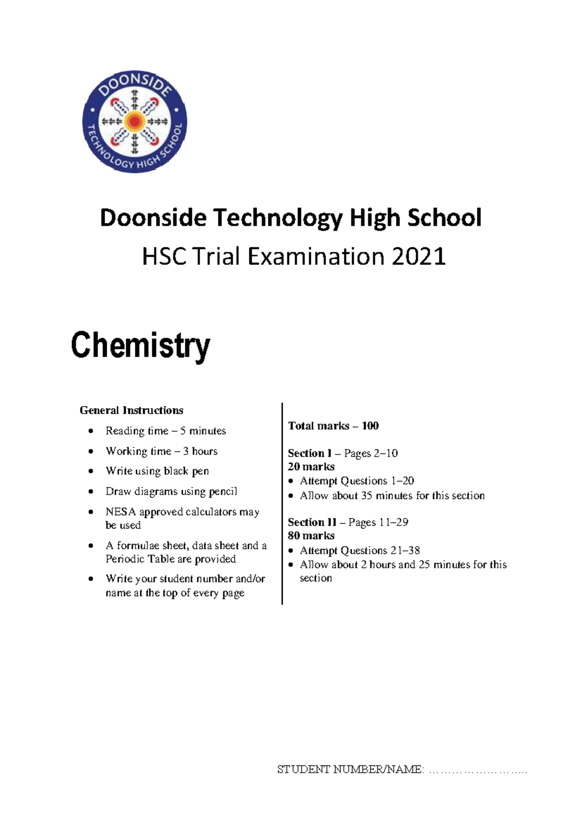 Chemistry HSC Trial Exam 2021 - Doonside Tech High School - Studocu