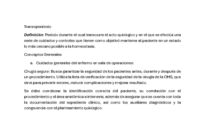 Transoperatorio: Resumen de Cuidados y Posiciones Quirúrgicas - Studocu