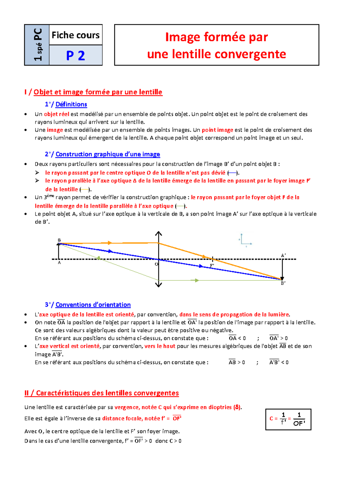 1 spé PC Fiche cours P2: Image par une lentille convergente - Studocu