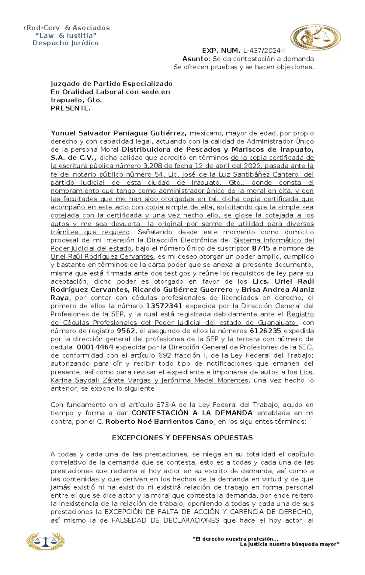 Contestación a la demanda negativa persona moral - “Law & Iustitia ...
