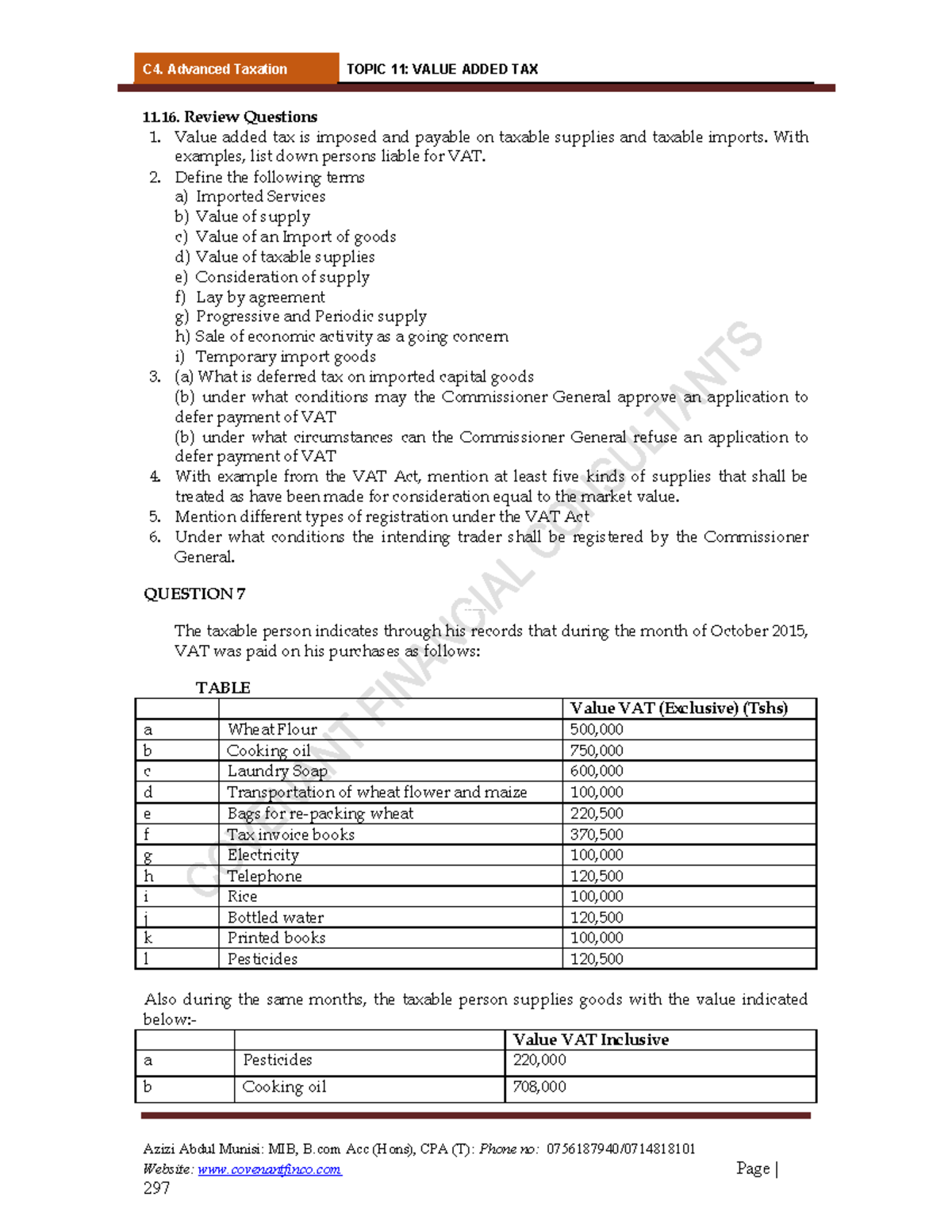 C4. Advanced Taxation: Topic 11 - VAT Review Questions and Calculations ...