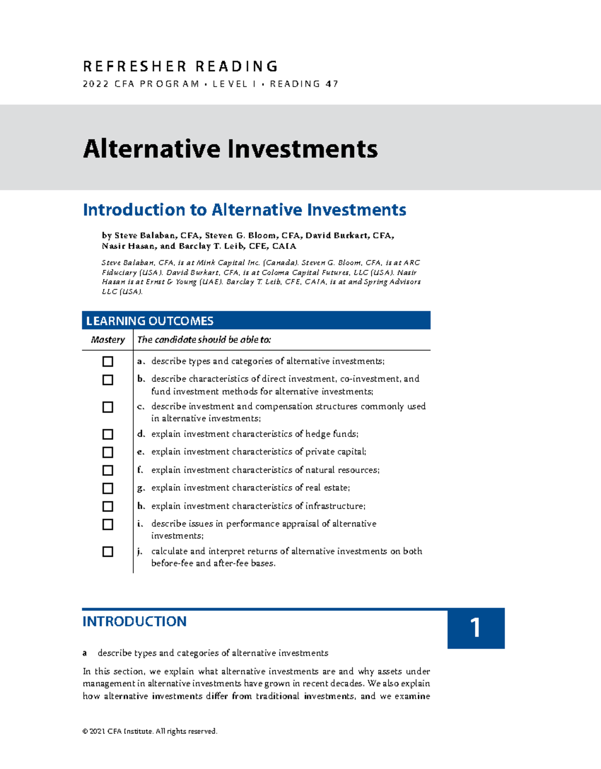 Introduction to Alternative Investments: Concepts and Methods (CFA ...