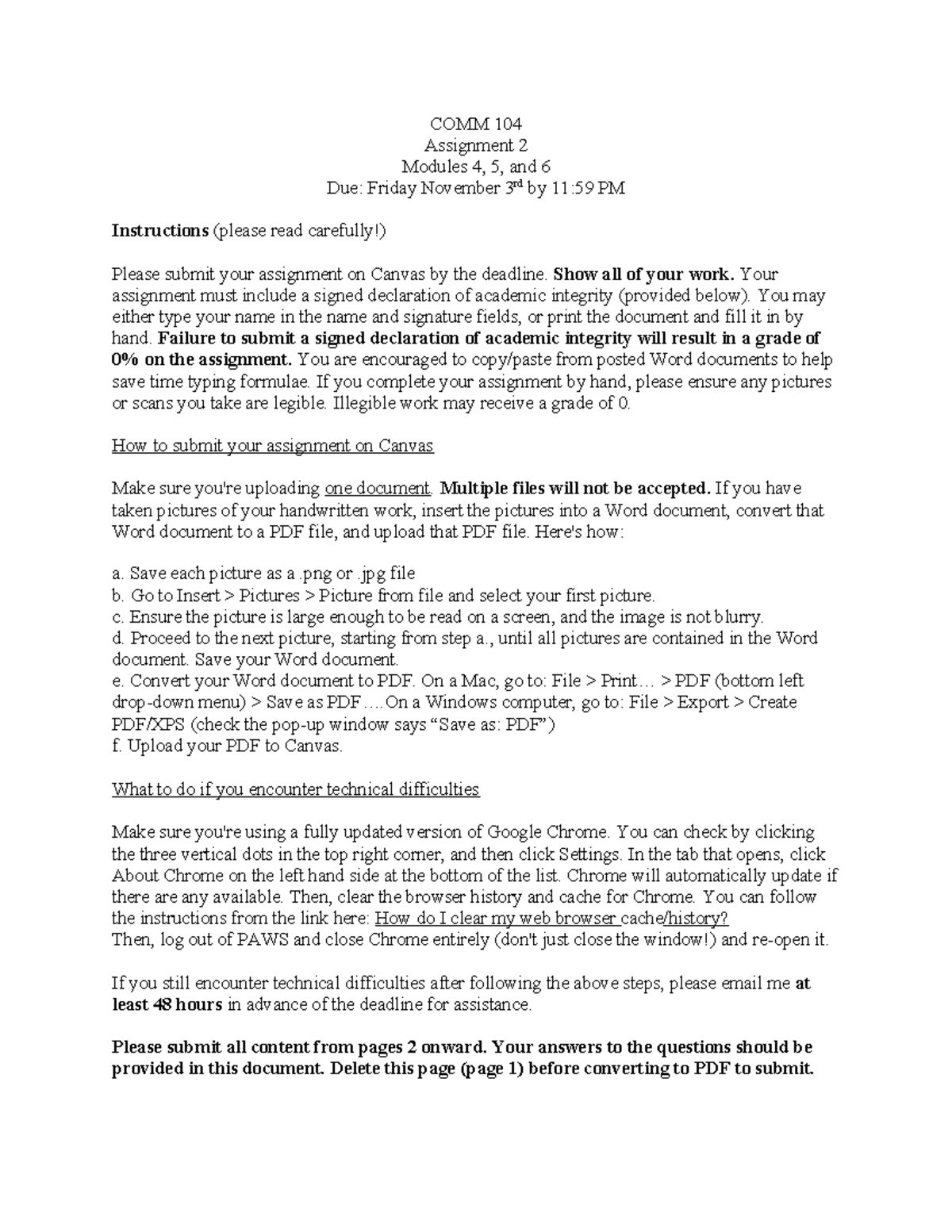 COMM 104 Assignment 2: Modules 4, 5, and 6 Instructions & Questions ...