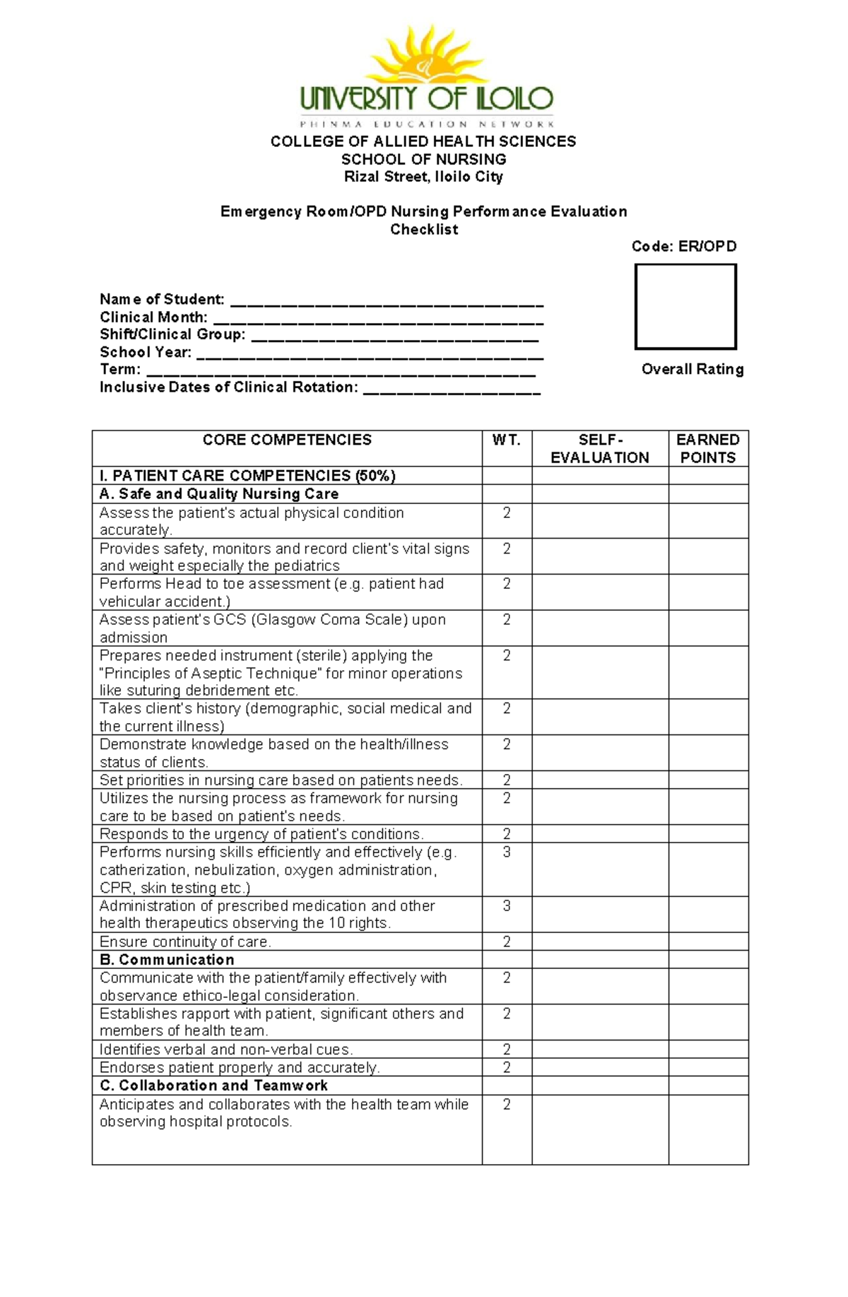 Emergency Nursing Performance Evaluation Checklist (NURS 101) - Studocu