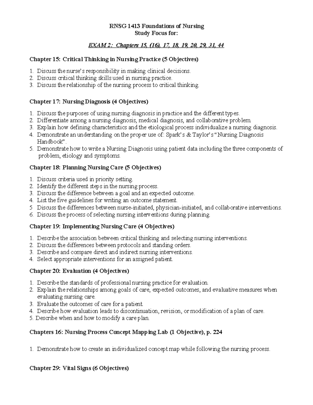 RNSG 1413 Exam 2 Study Guide: Key Concepts & Objectives - Studocu