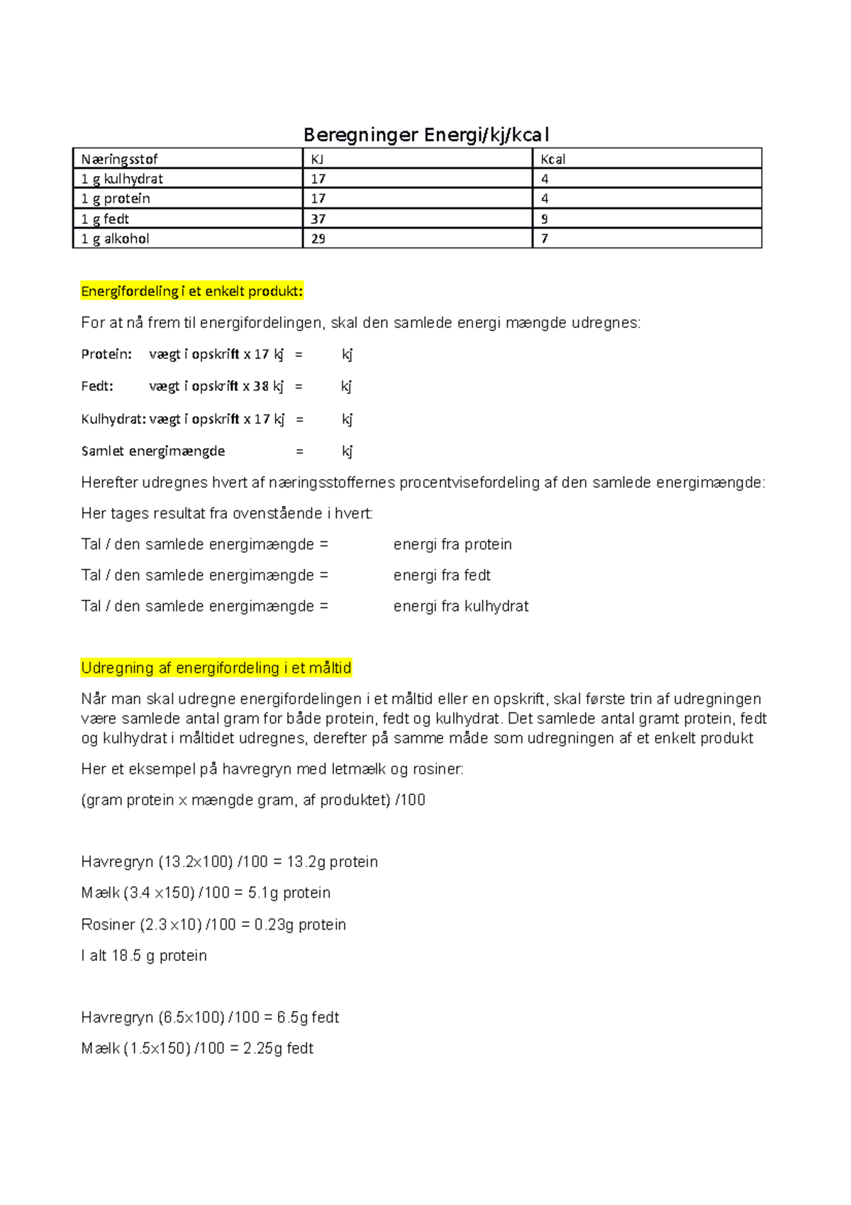 Beregning af Energi og Makronæringsstoffer i Kost - Energi/kJ/kcal ...