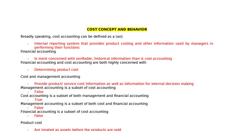 COST 101: Understanding Cost Concepts and Behavior Analysis - Studocu