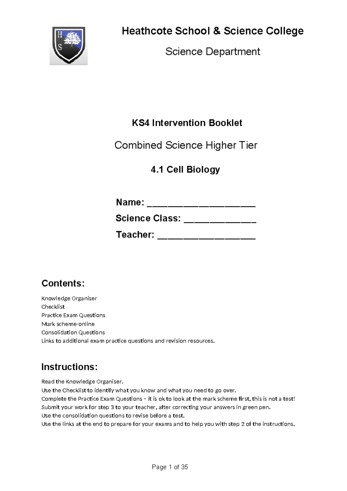 KS4 Combined Science Higher Tier Intervention Booklet 4.1 Cell Biology ...
