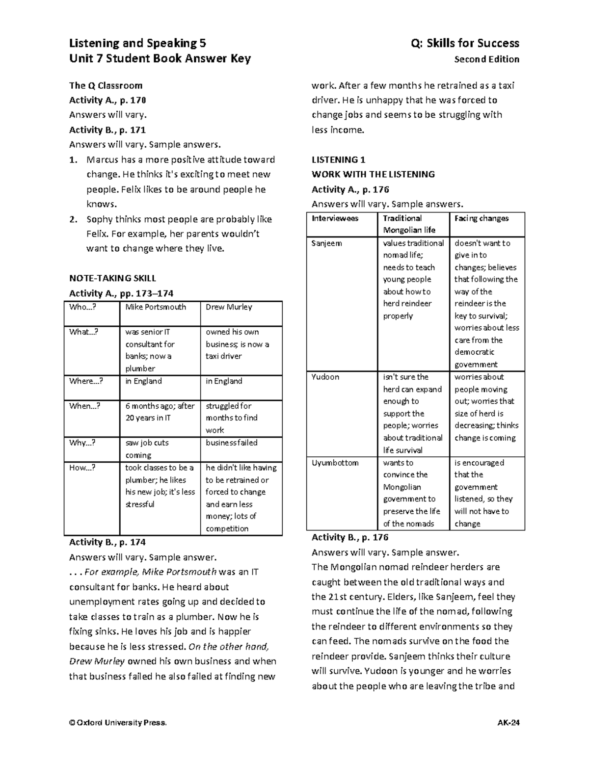 Q2e LS5 U07 Answer Key - 아잉 리스닝 답지 - Unit 7 Student Book Answer Key Second Edition The Q ...