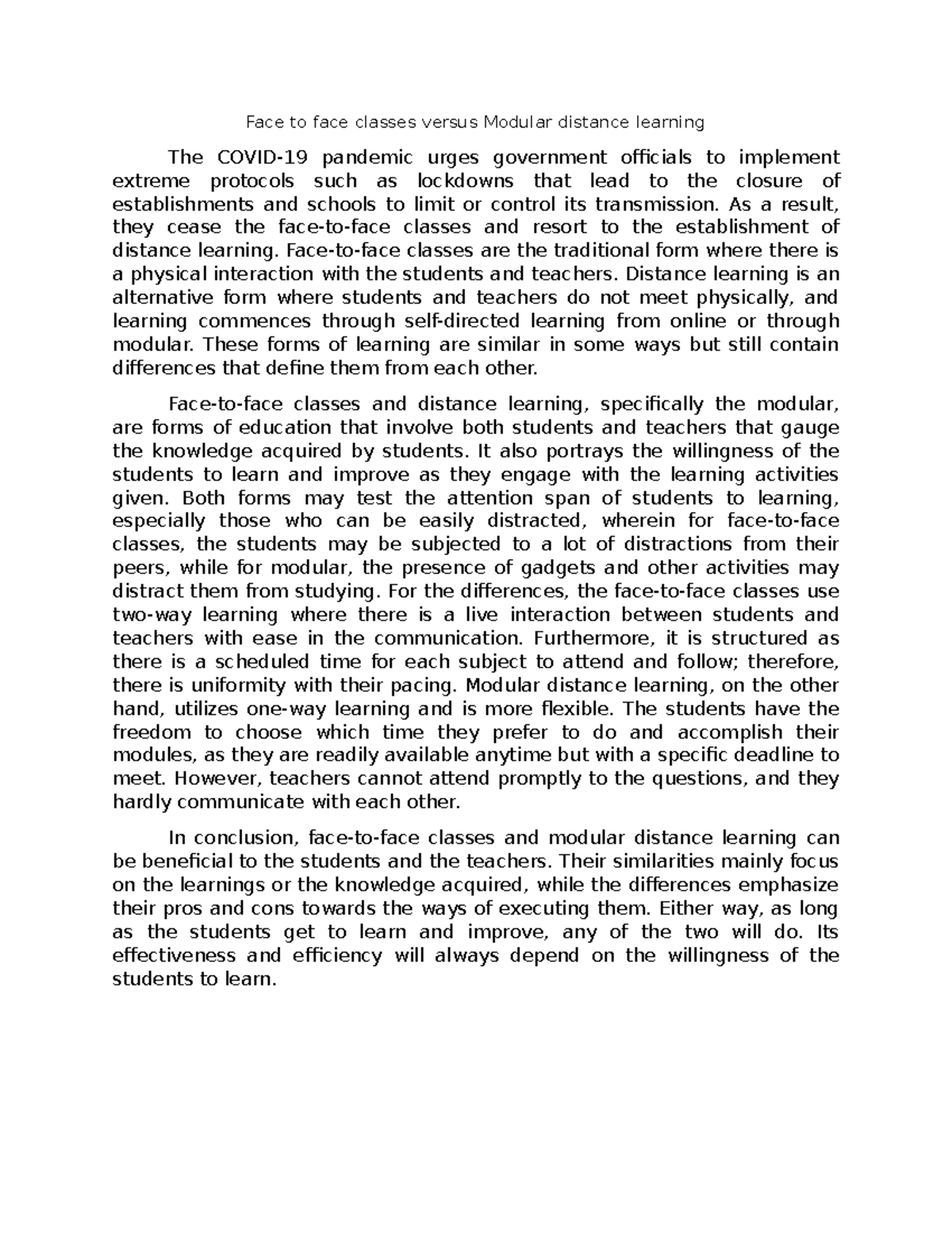 Comparative Analysis of Face-to-Face vs. Modular Learning - Studocu