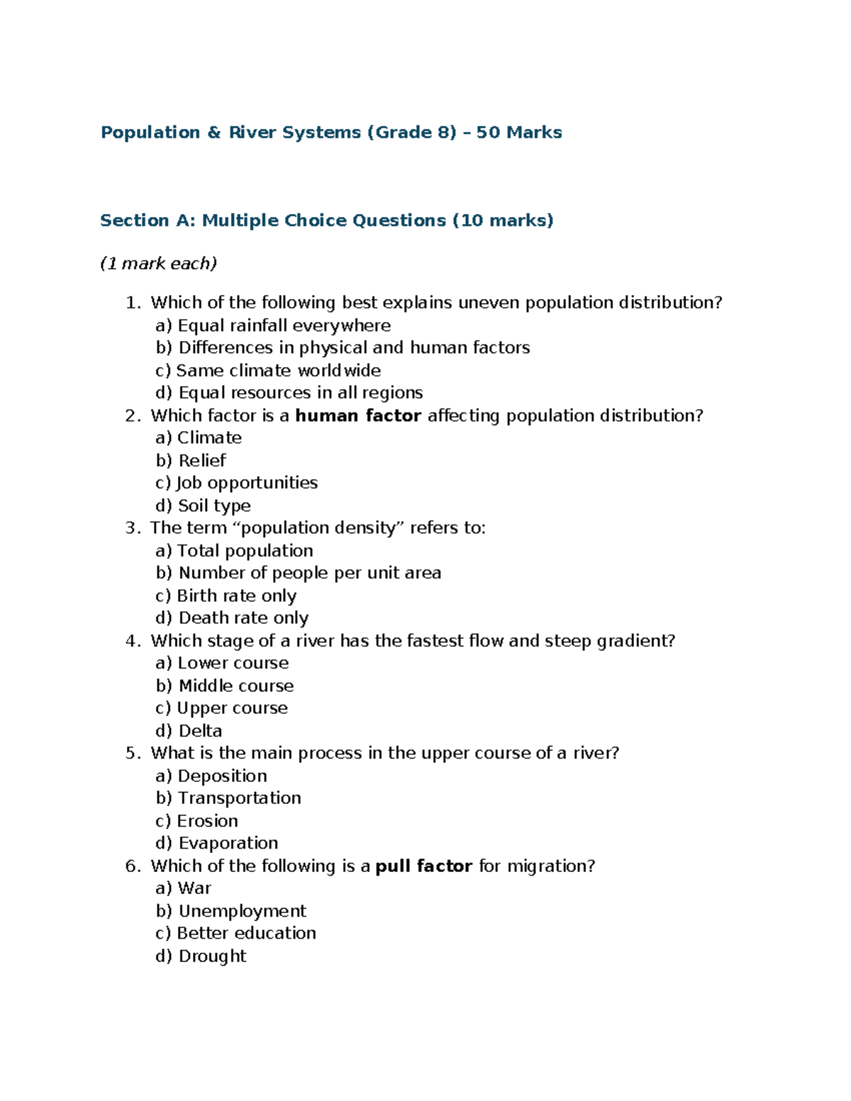 Population Distribution & River Systems (Grade 8) - 50 Marks Test - Studocu