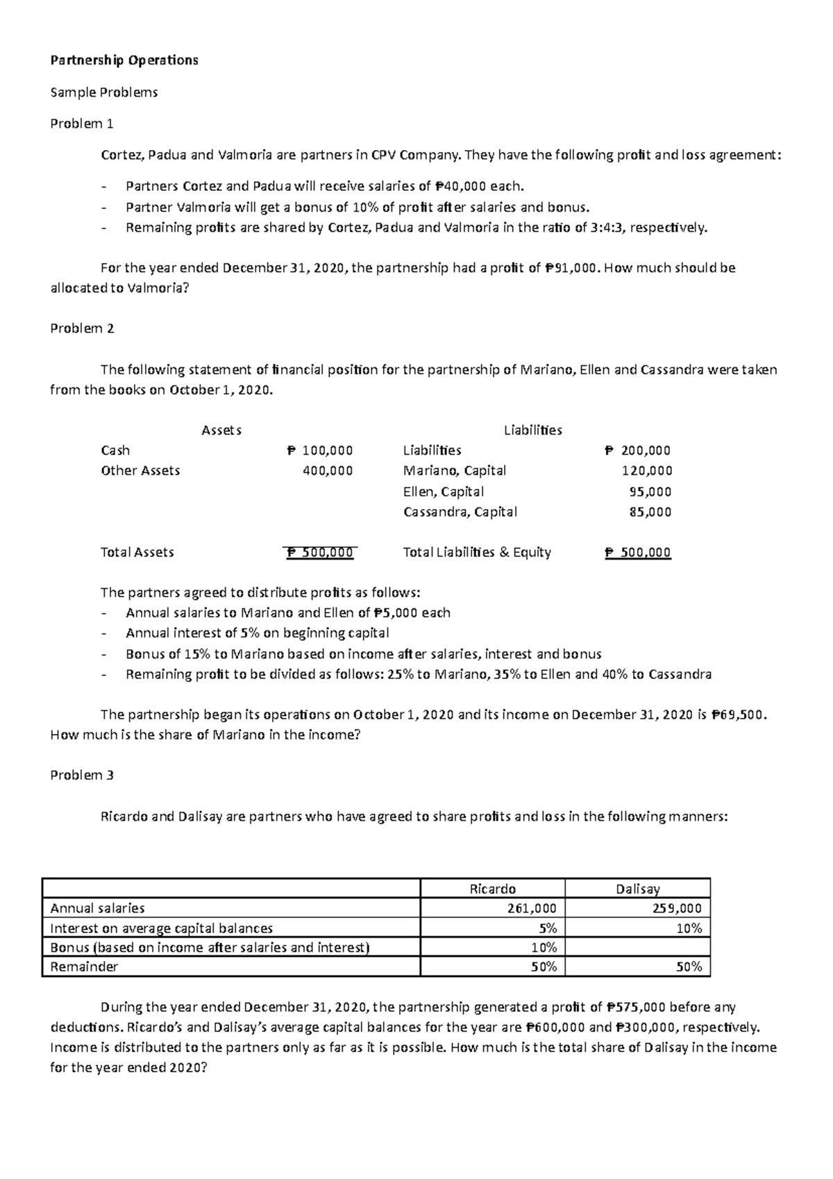 Partnership Operations - Sample Problems - Accountancy - Studocu