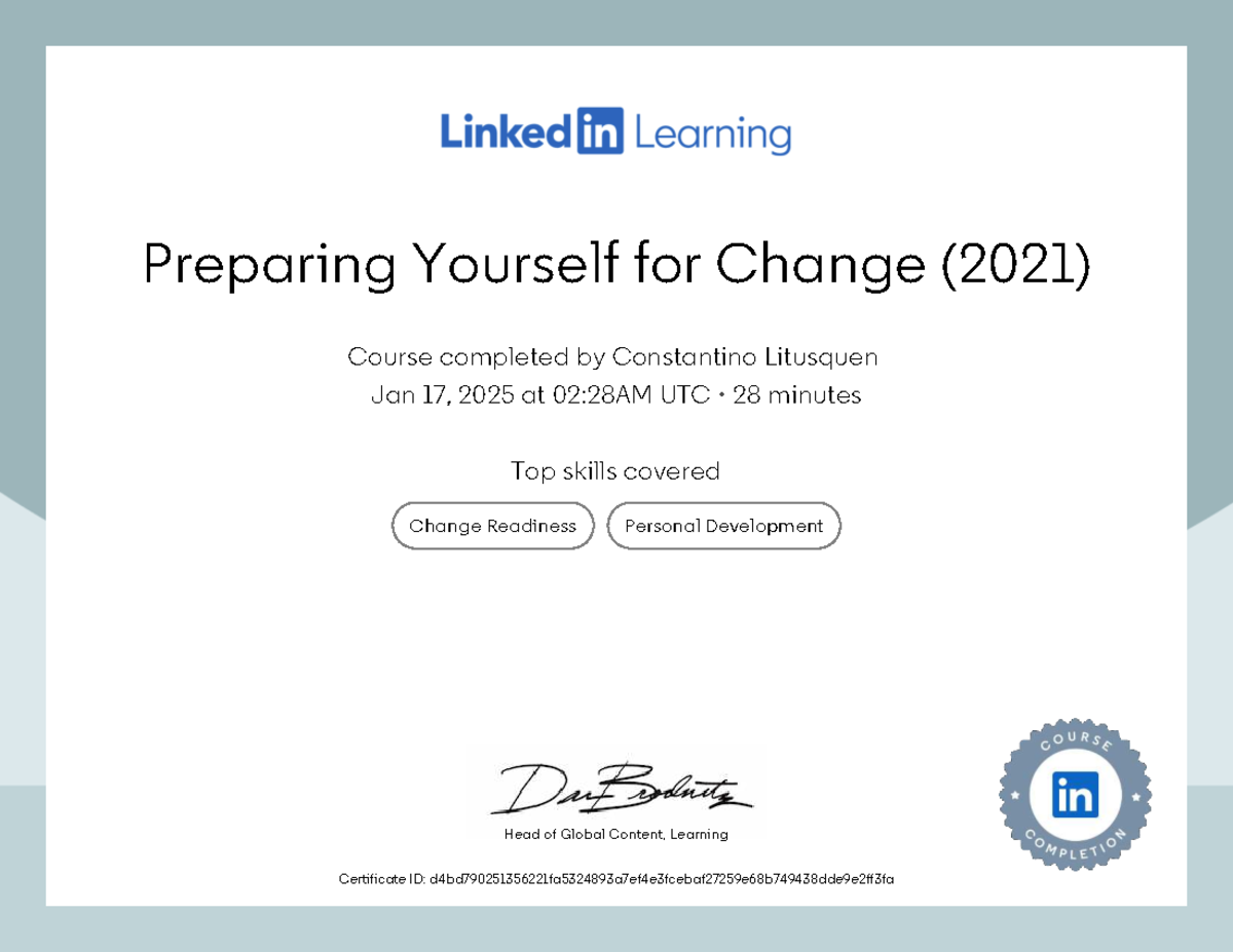 Certificate Of Completion Preparing Yourself for Change 2021 ...