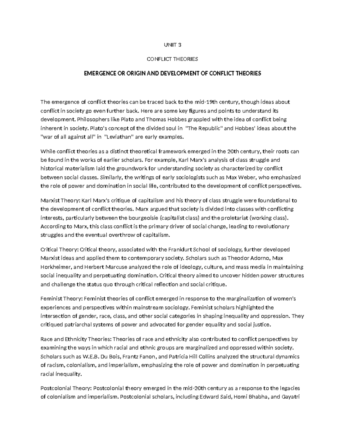 Sociology-III UNIT 3: Conflict Theories and Their Evolution - Studocu