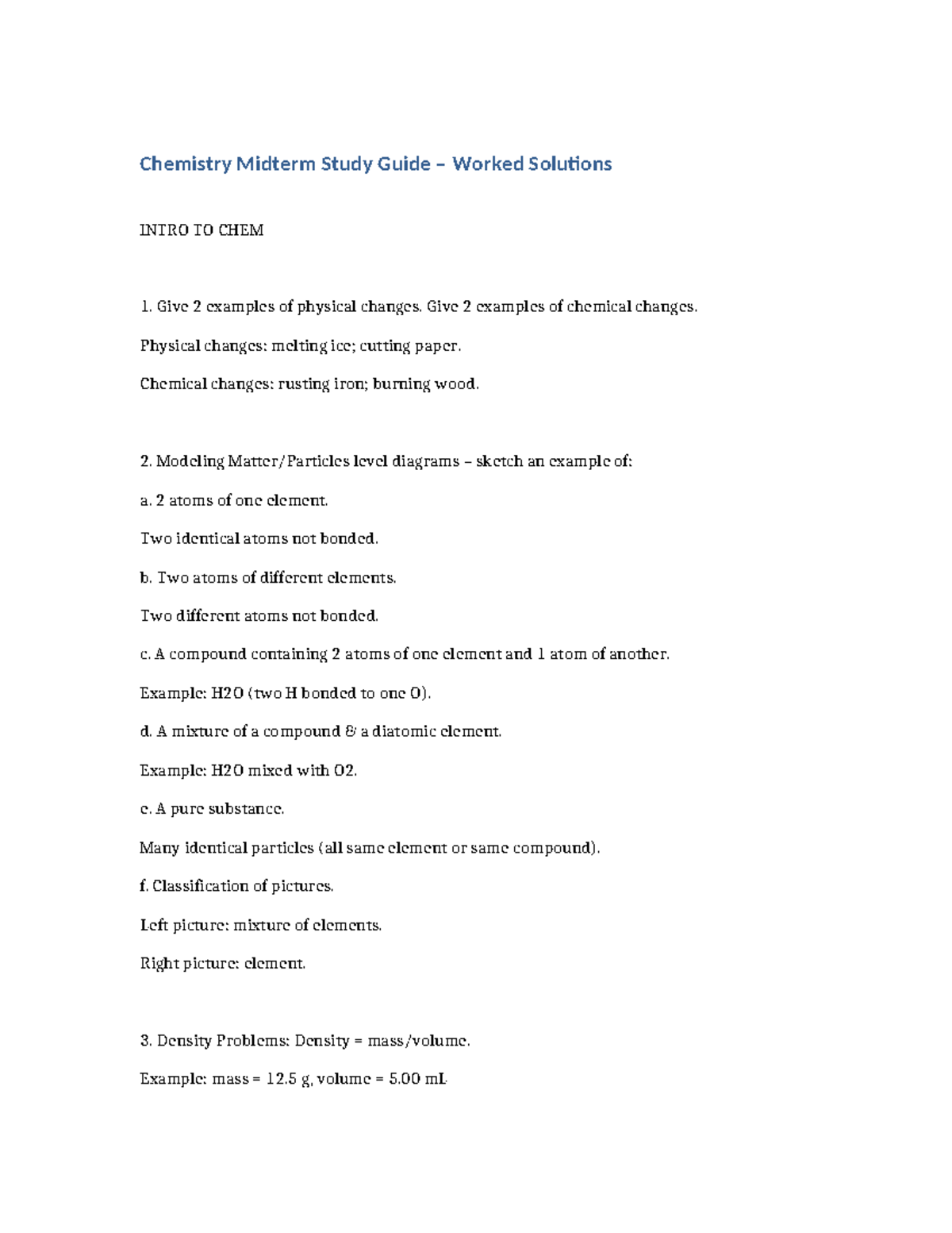 Chemistry 1 Midterm Study Guide: Worked Solutions & Key Concepts - Studocu