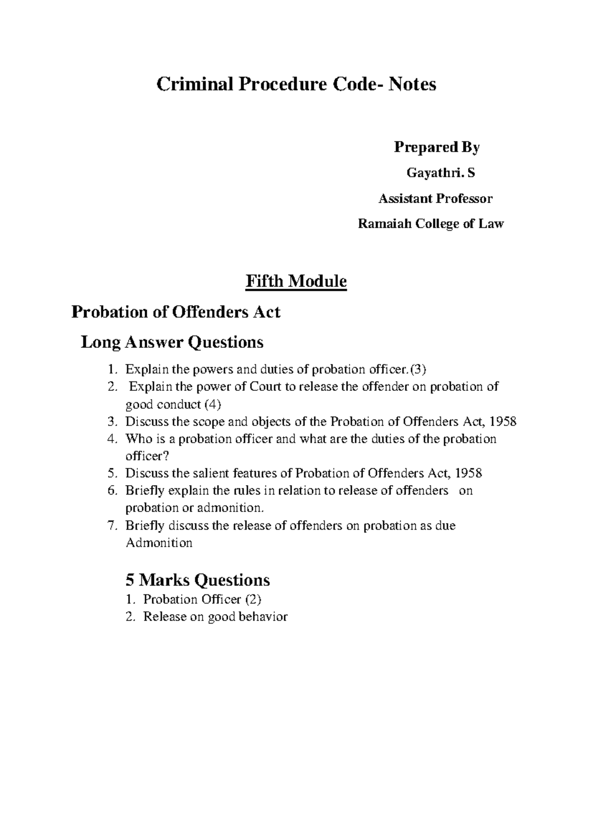 Criminal Procedure Notes: Probation of Offenders Act & J.J. Act (5th ...