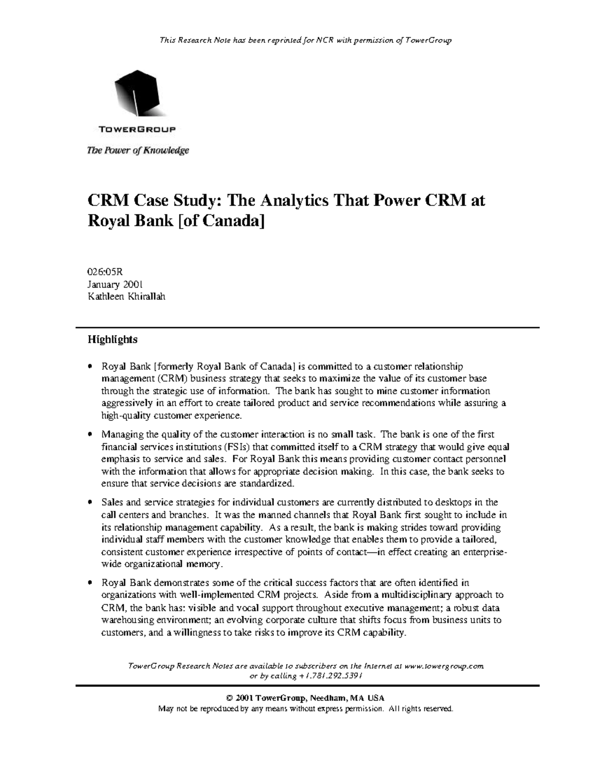 TowerGroup CRM Case Study: Analytics Driving Royal Bank's CRM Strategy ...