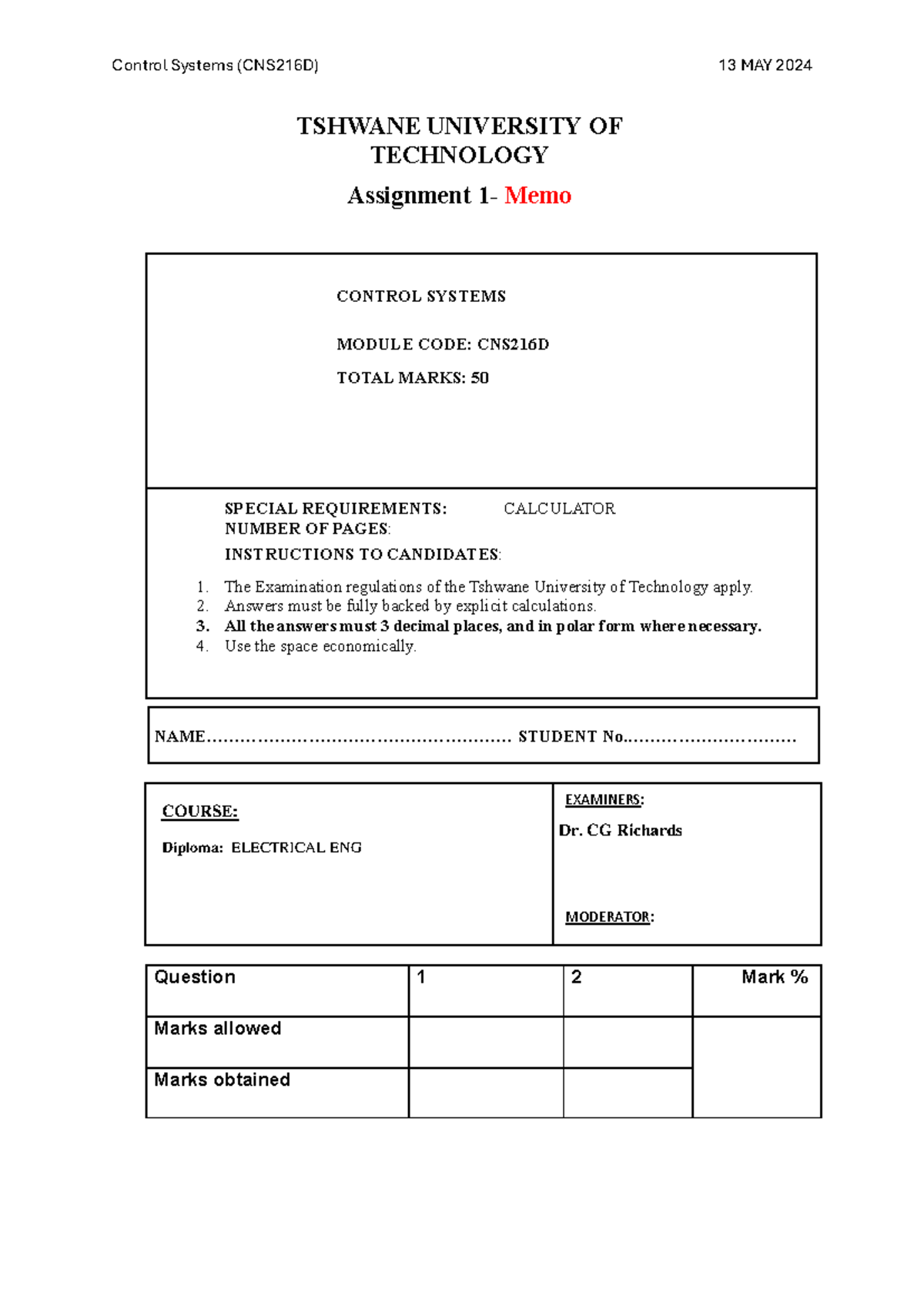 CNS216D Sem 2 Assignment 1 Memo: Control Systems Analysis and Solutions - Studocu