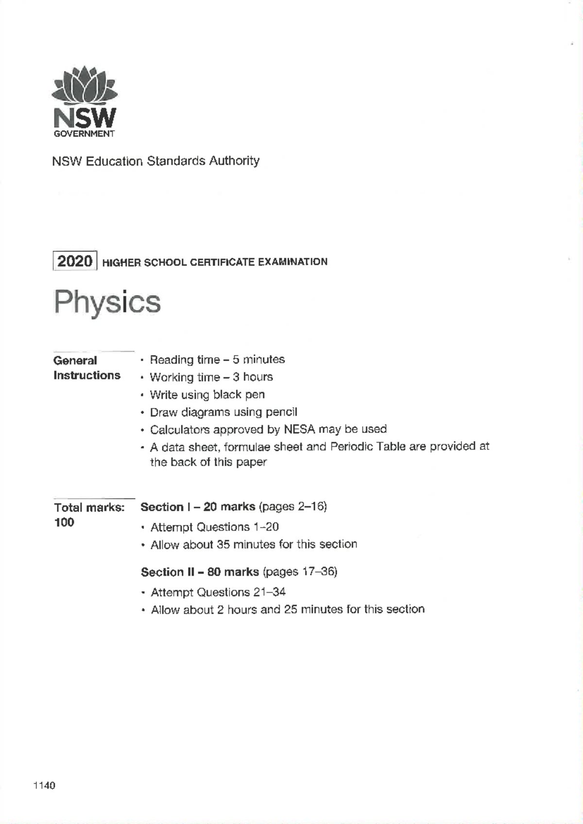 2020 HSC Physics Exam - NSW Education Standards Authority - Studocu