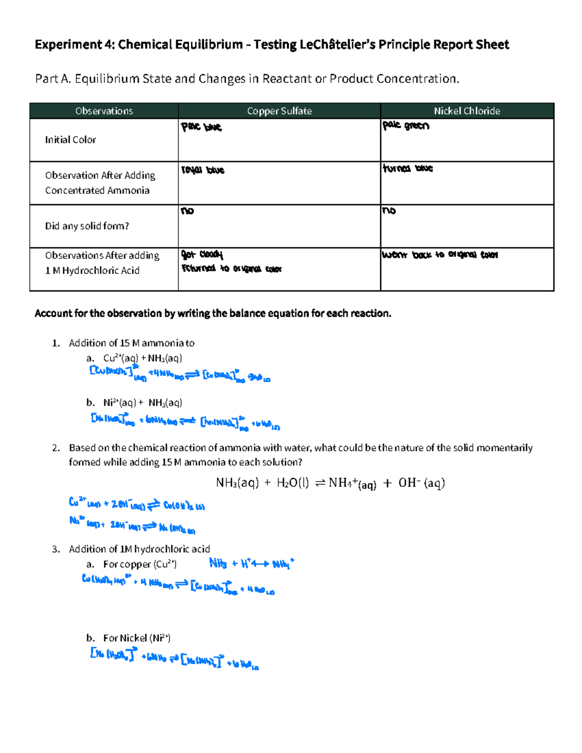 Chemical Equilibrium Post Lab - Experiment 4: Chemical Equilibrium ...