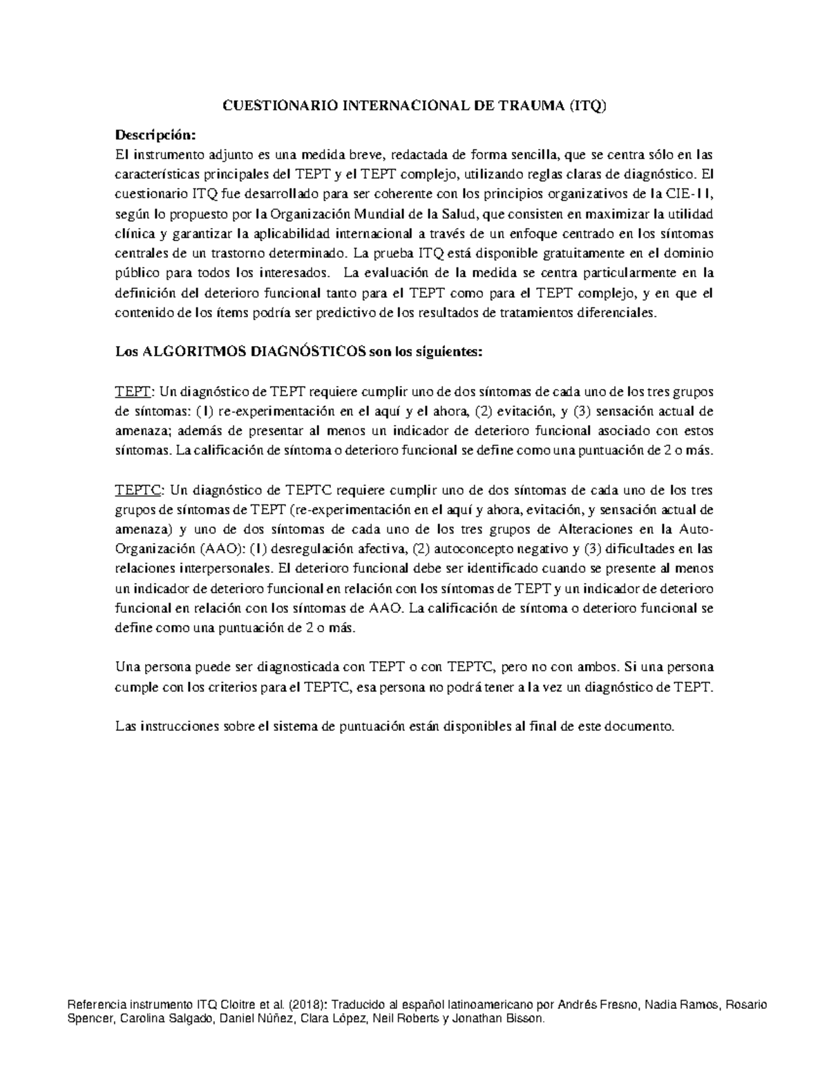 Cuestionario Internacional de Trauma (ITQ): Descripción y Diagnósticos ...